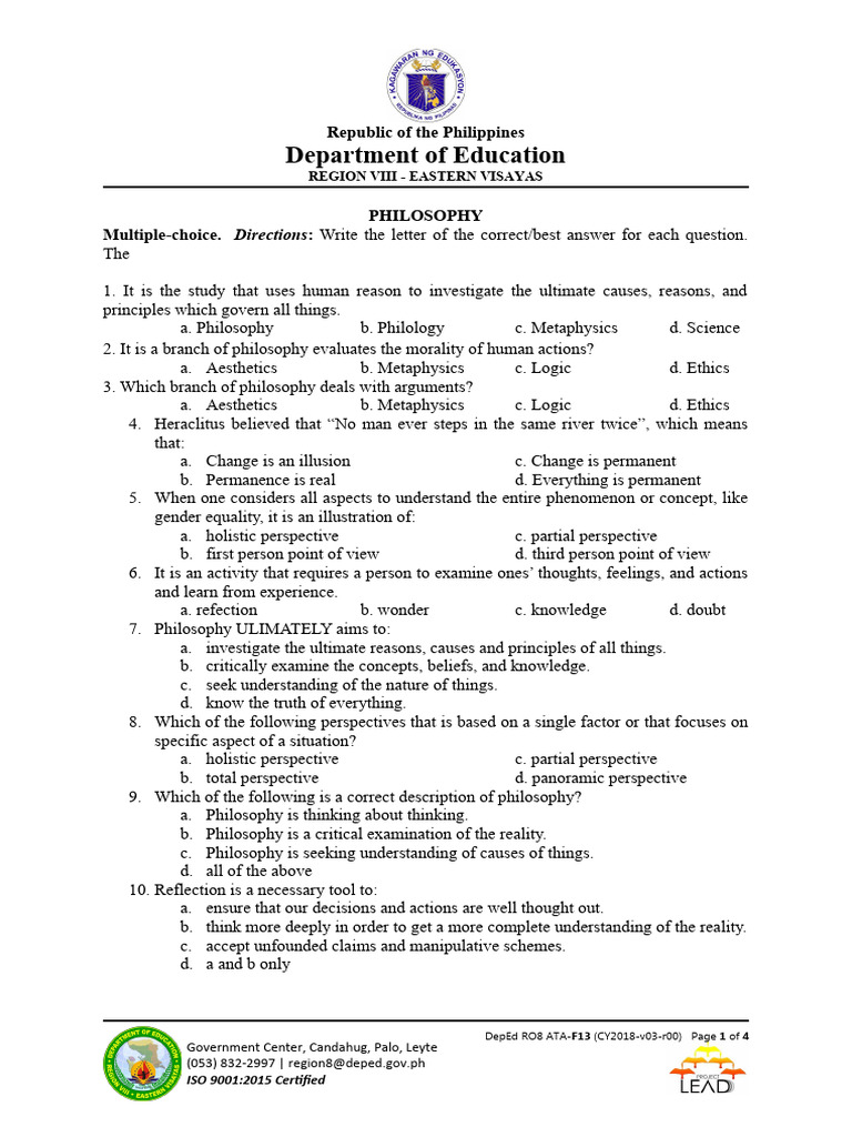 Sample-Exam-Philosophy | Download Free PDF | Knowledge | Reason