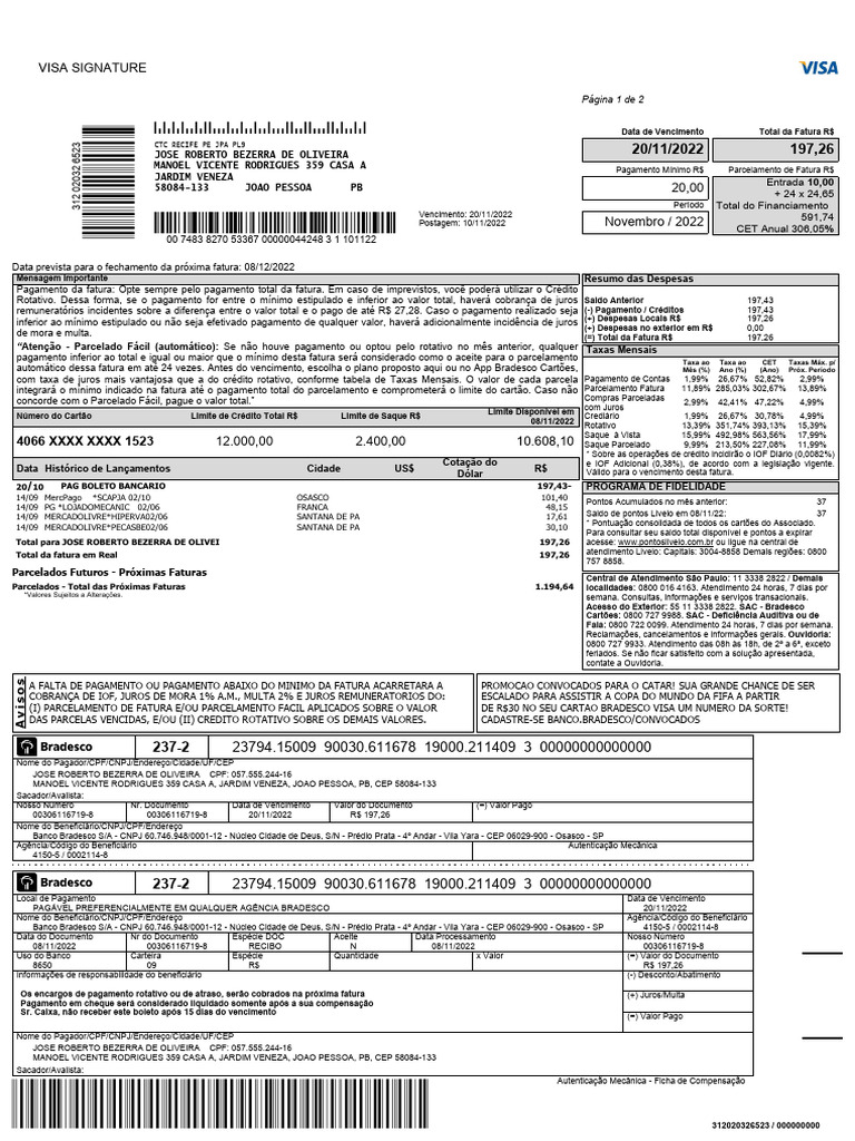 Bradesco Sinature 20 - 11 - 2022 | PDF | Finanças pessoais | Bancos
