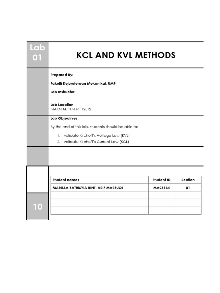 Lab_01_kcl and Kvl ( Ma23134 ) | Download Free PDF | Network Analysis (Electrical Circuits ...