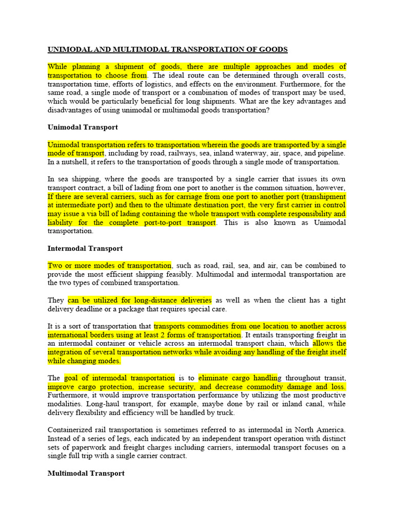 Unimodal and Multimodal Transportation of Goods | PDF | Cargo | Transport