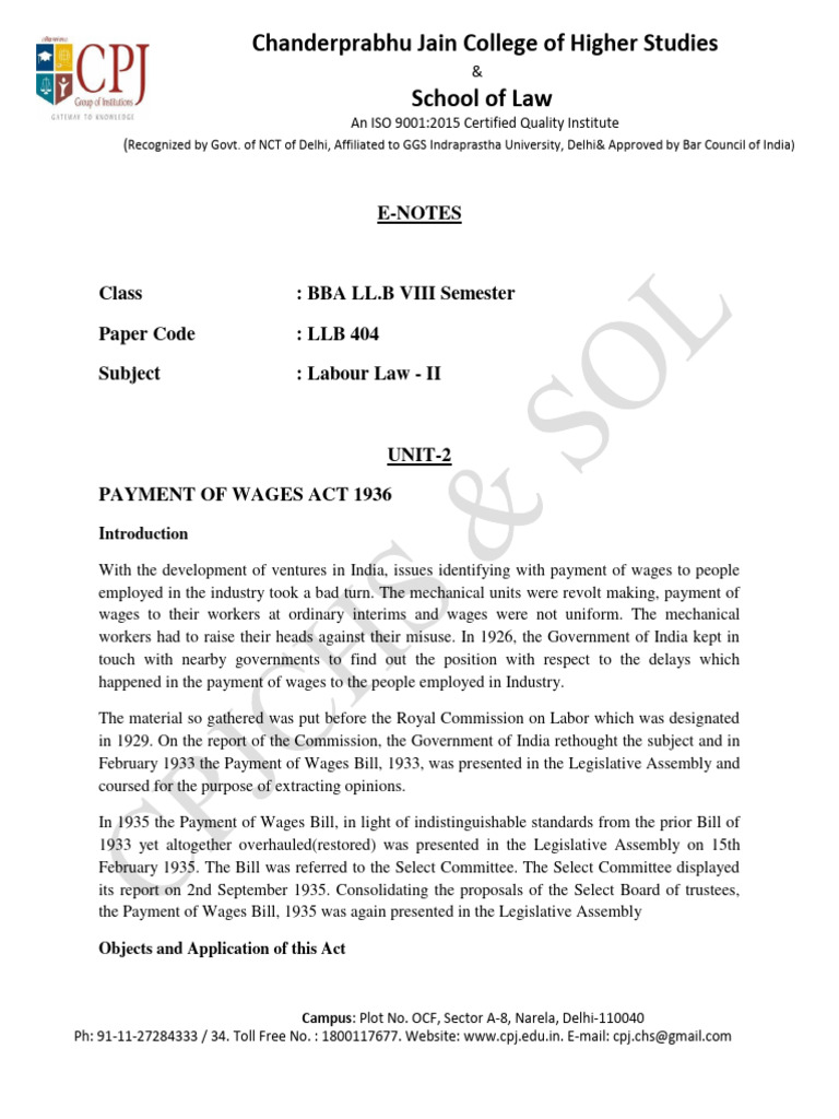 Labour Law - II Unit-2 | PDF | Employment | Wage