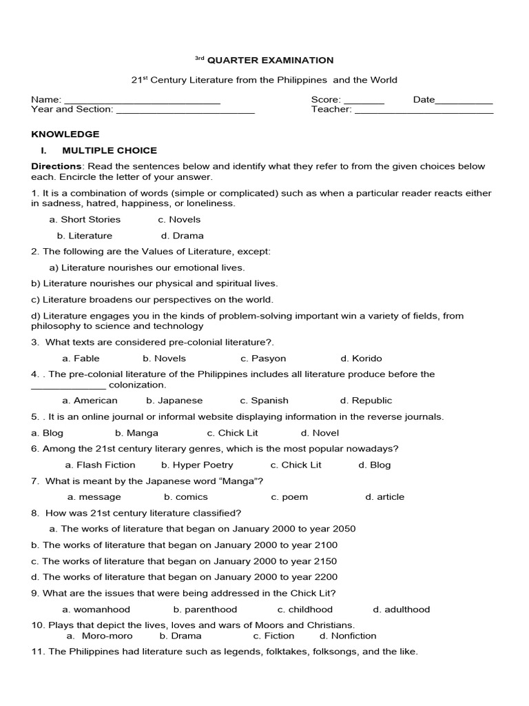 21st Century Literature Exam Guide | PDF | Novels | Poetry