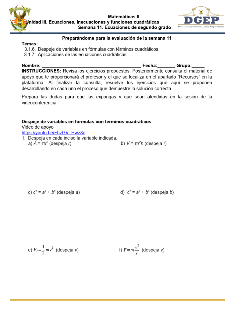 Semana_11_Ejercicios_Matemáticas_2 | PDF | Ecuaciones | Ecuación cuadrática