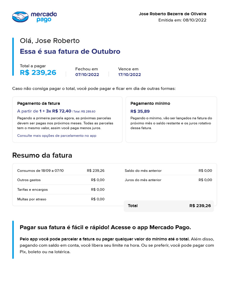 Fatura - Mercado - Pago - 17-10-2022 | PDF | Cartão de crédito ...