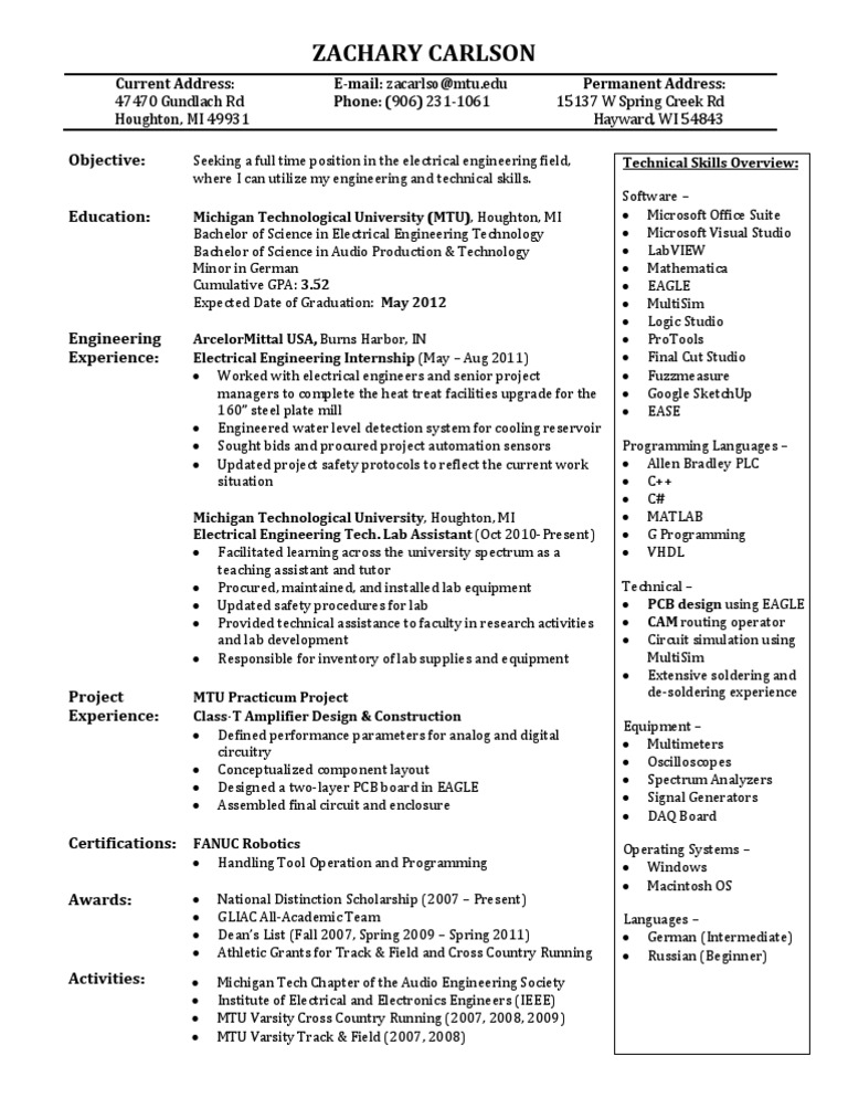 Zach Carlson Resume | PDF | Electrical Engineering | Engineering