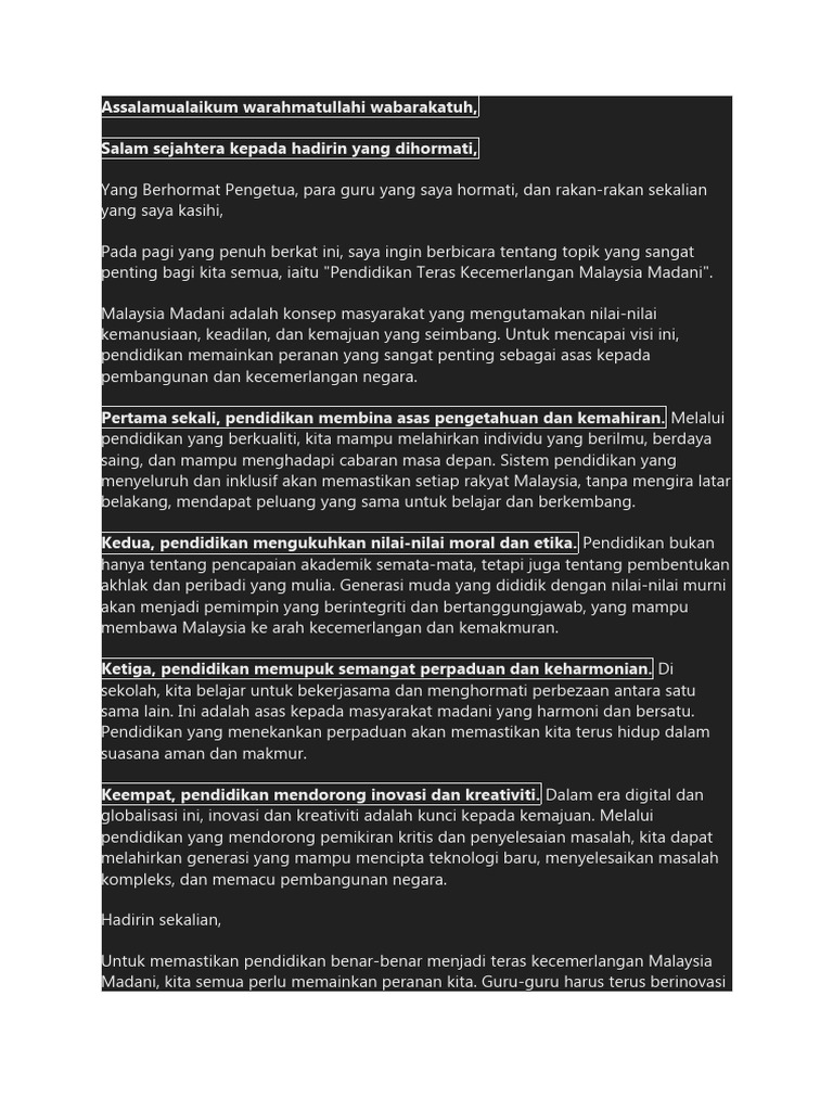 Bahan Pidato Pendidikan Teras Kecemerlangan Generasi Madani | PDF | Karier & Perkembangan