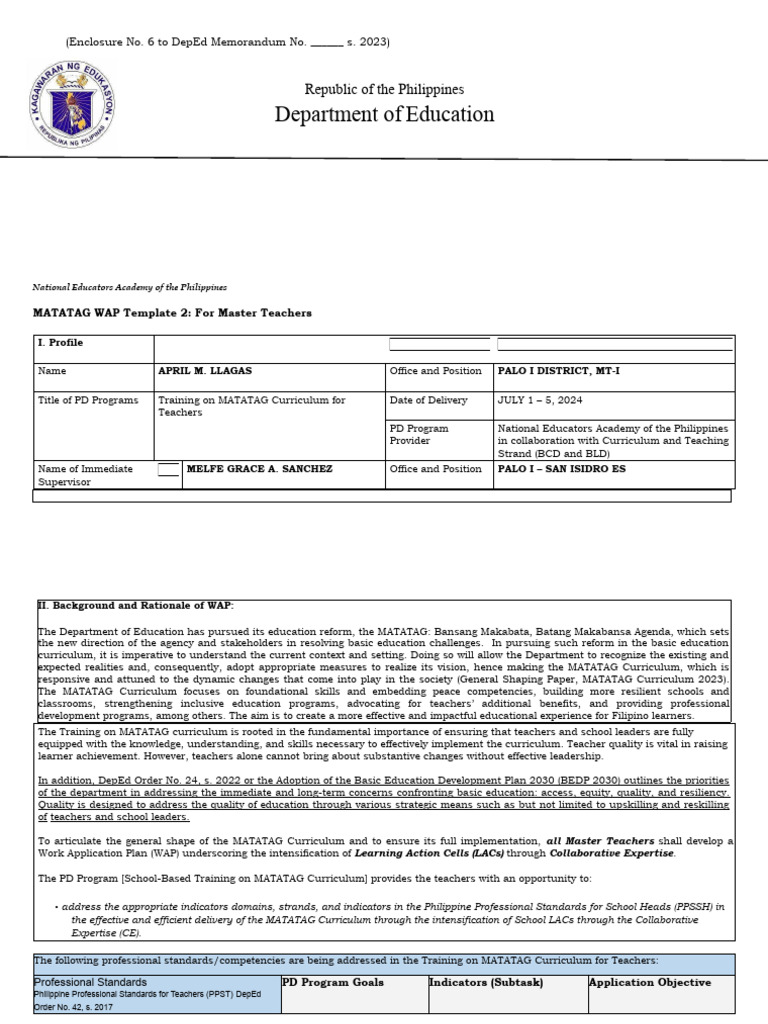 WAP-Template-2_For-Master-Teachers_APRIL M. LLAGAS | Download Free PDF ...