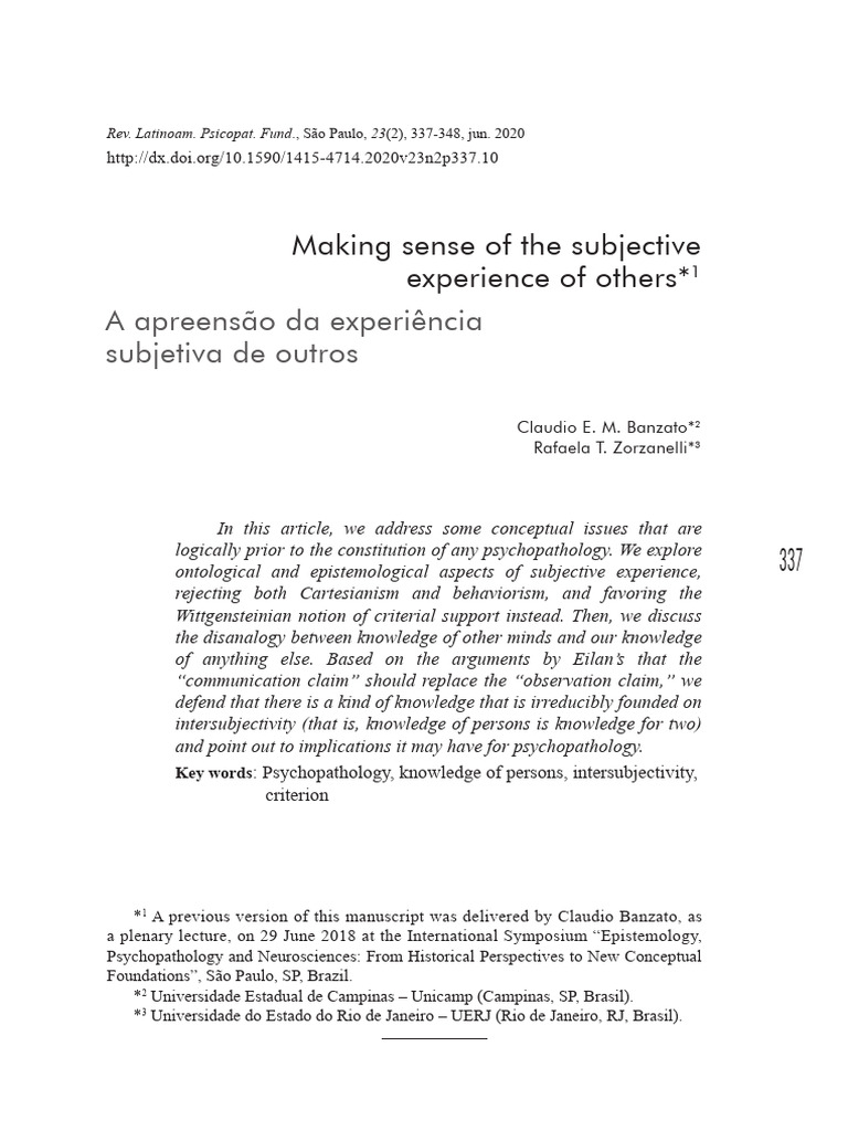 Making Sense of The Subjective | PDF | Experience | Mind