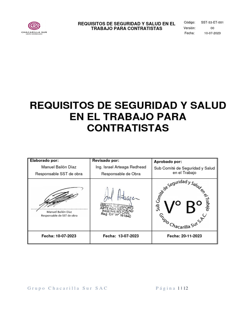 SST-53-ET-001 Requisitos de Seguridad y Salud en El Trabajo para Contratistas | PDF | Seguridad ...