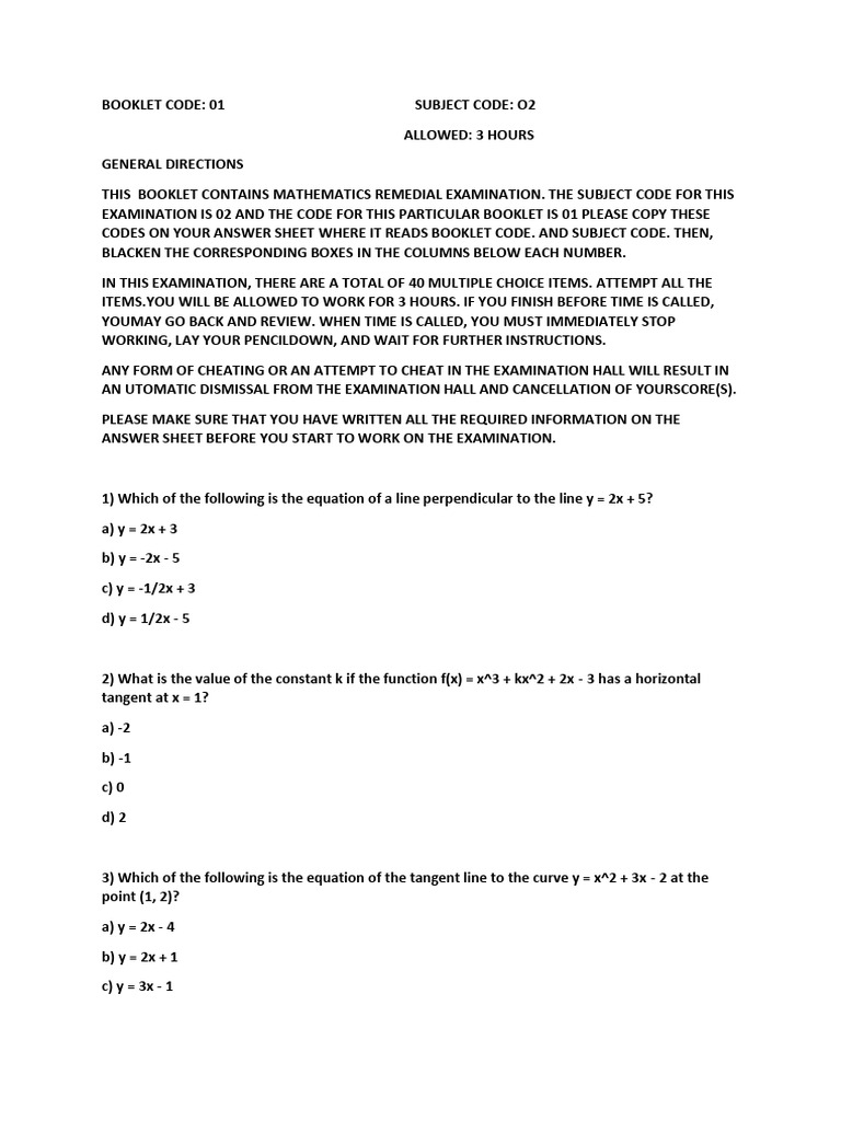 Maths Remedial Exam (2015) | PDF | Function (Mathematics) | Integral