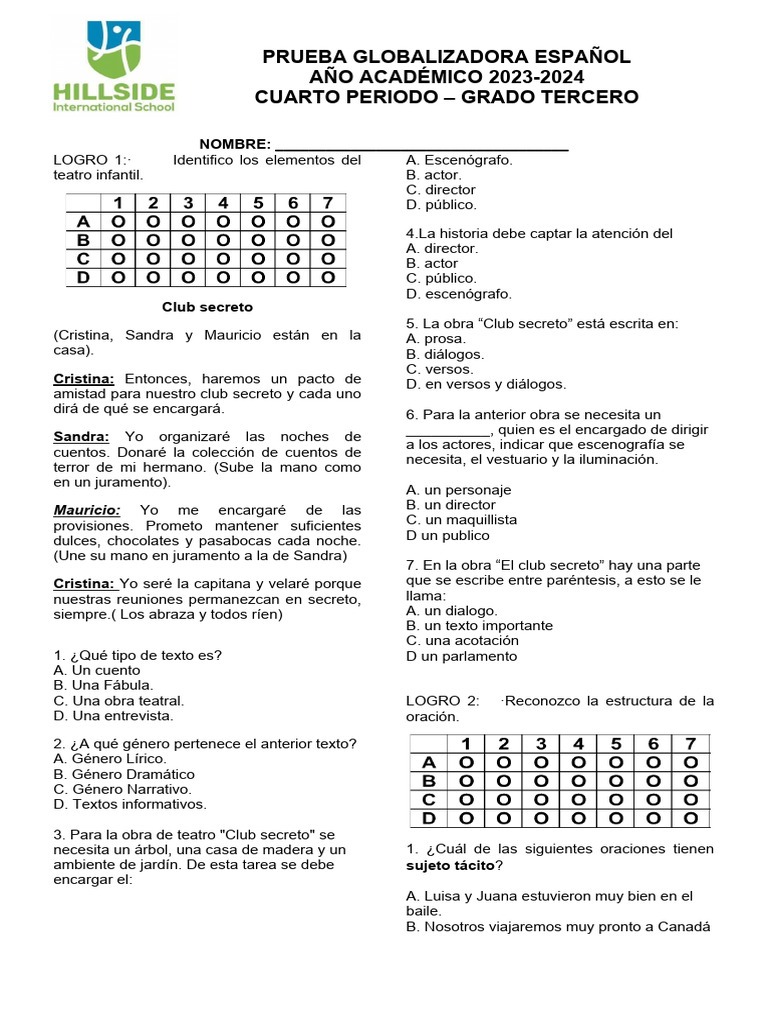 Taller de Refuerzo: Español Tercero | PDF | Oración (Lingüística)
