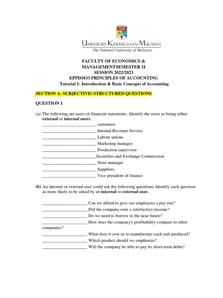 Tutorial 1 - Basic Concepts of Accounting | PDF | Equity (Finance) | Expense