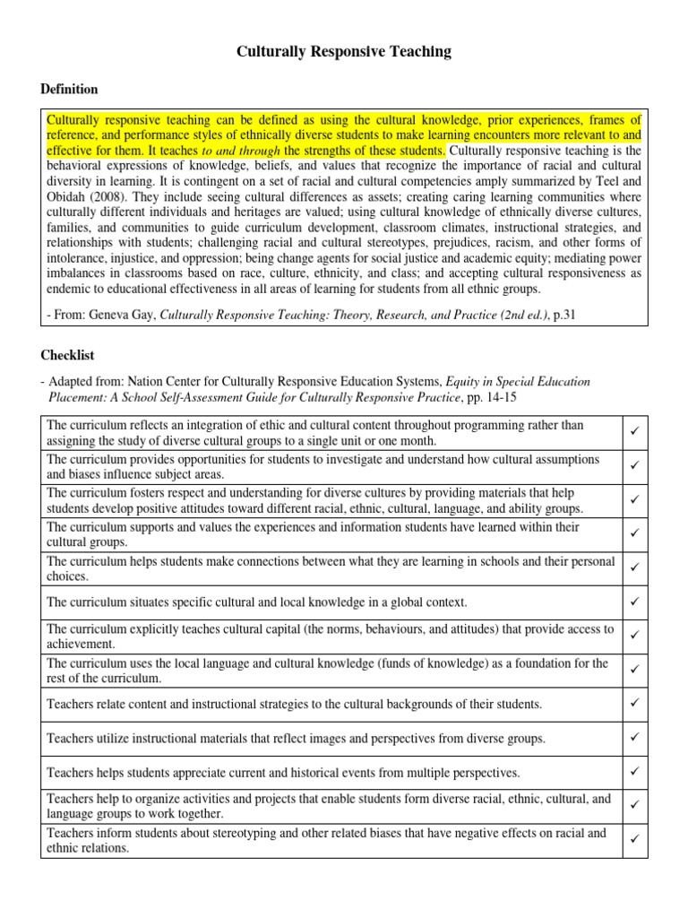 Culturally Responsive Teaching Checklist 1 Page Highlighted | PDF ...