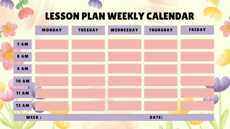 Lesson Plan Weekly Calendar | PDF | Cooking, Food & Wine