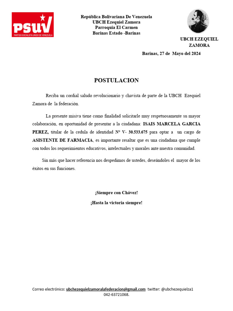 Postulacion Ubch | PDF | Hugo Chavez | Venezuela