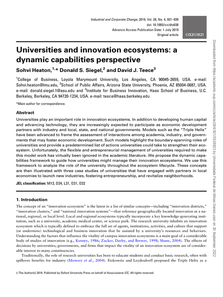 Universities and Innovation Ecosystems - A Dynamic Capabilities Perspective | PDF | Innovation ...