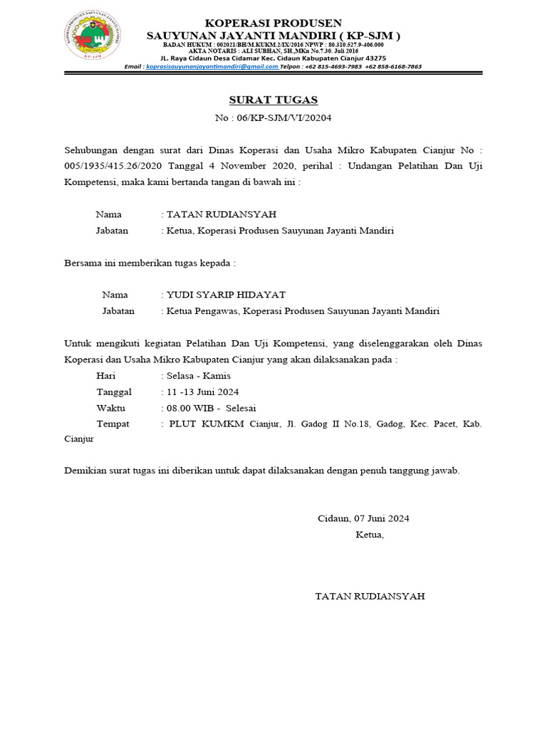 Surat Tugas Pelatihan Koperasi 2024 | PDF