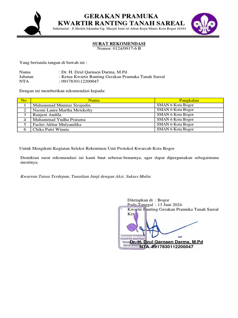 Surat Rekomendasi Unit Protokol (DKR) | PDF