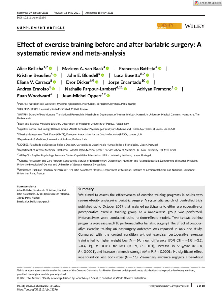 Effect of Exercise Training Before and After Bariatric Surgery A ...