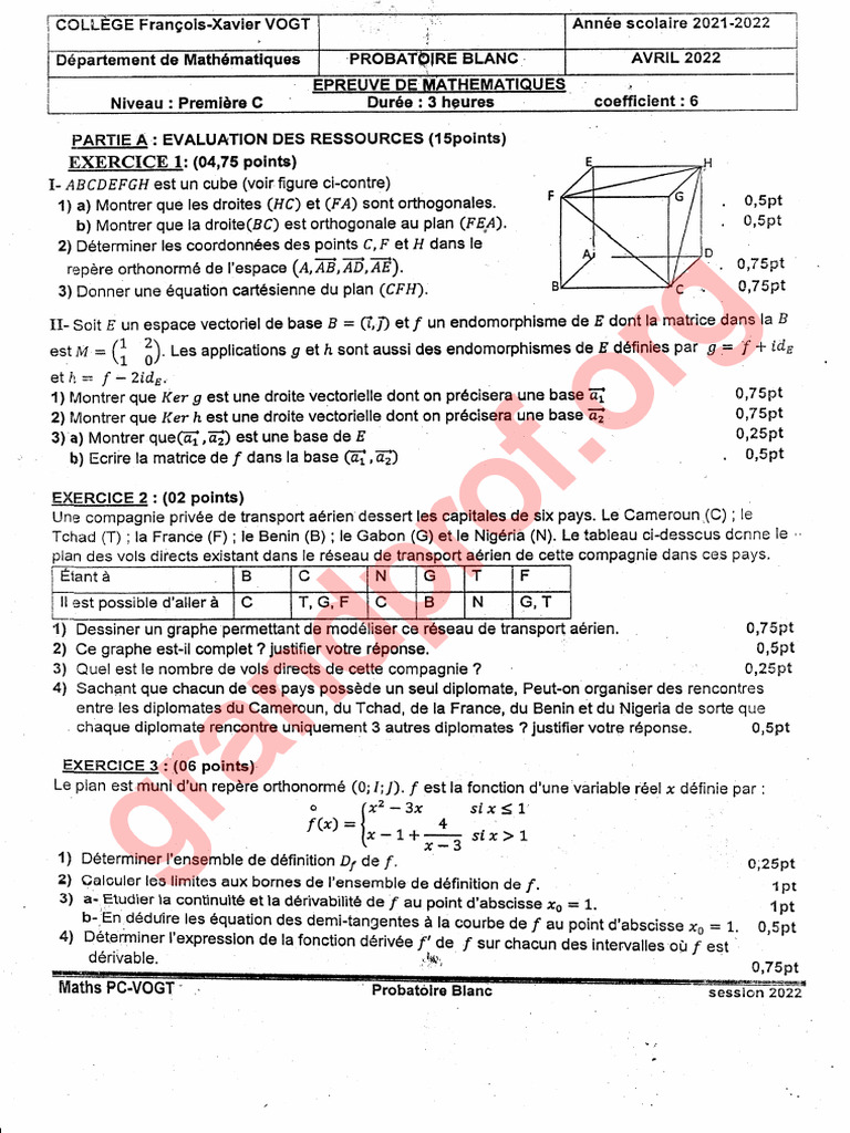 Maths 1erec Probatoire Blanc College Vogt Avril 2022 | PDF