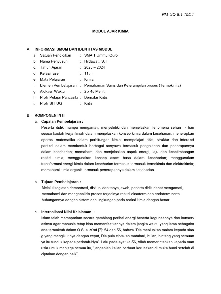 6 Modul Ajar Kimia Part 1 11 2023 2024 Pdf