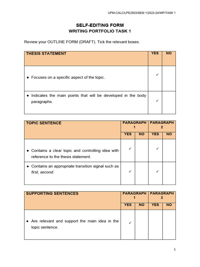 LPE2503 WRITING PORTFOLIO TASK 1 (SELF-EDITING FORM) | PDF