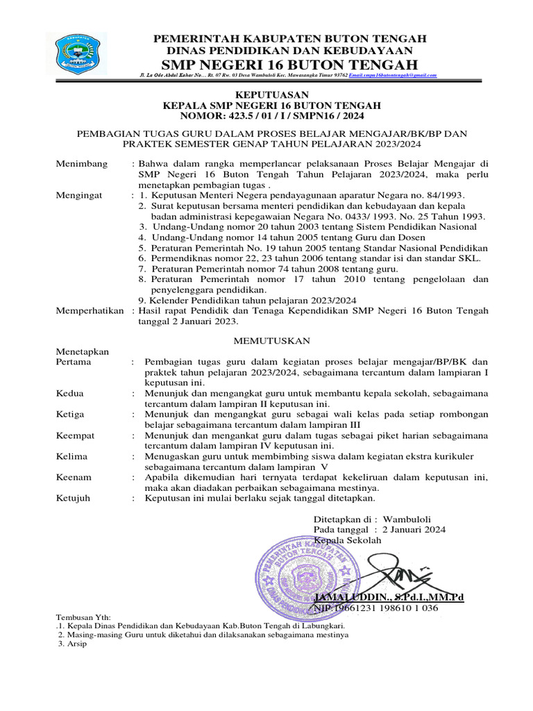 SK PEMBAGIAN TUGAS GENAP TP 2023.2024 Ok | PDF