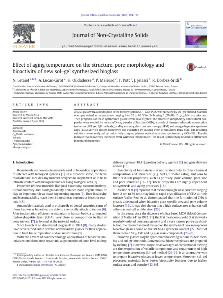 Effect of Aging Temperature On The Structure, Pore Morphology and Bioactivity of New Sol-Gel ...