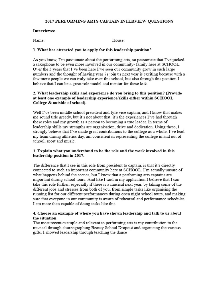 PERFORMING ARTS CAPTAIN Interview Questions | PDF | Leadership | Psychology