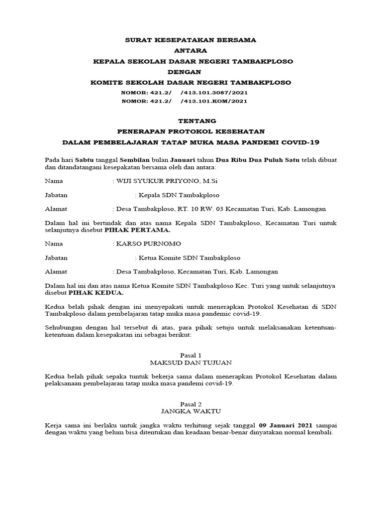 Contoh Mou Bersama Komite Sekolah Protokol Kesehatan | PDF