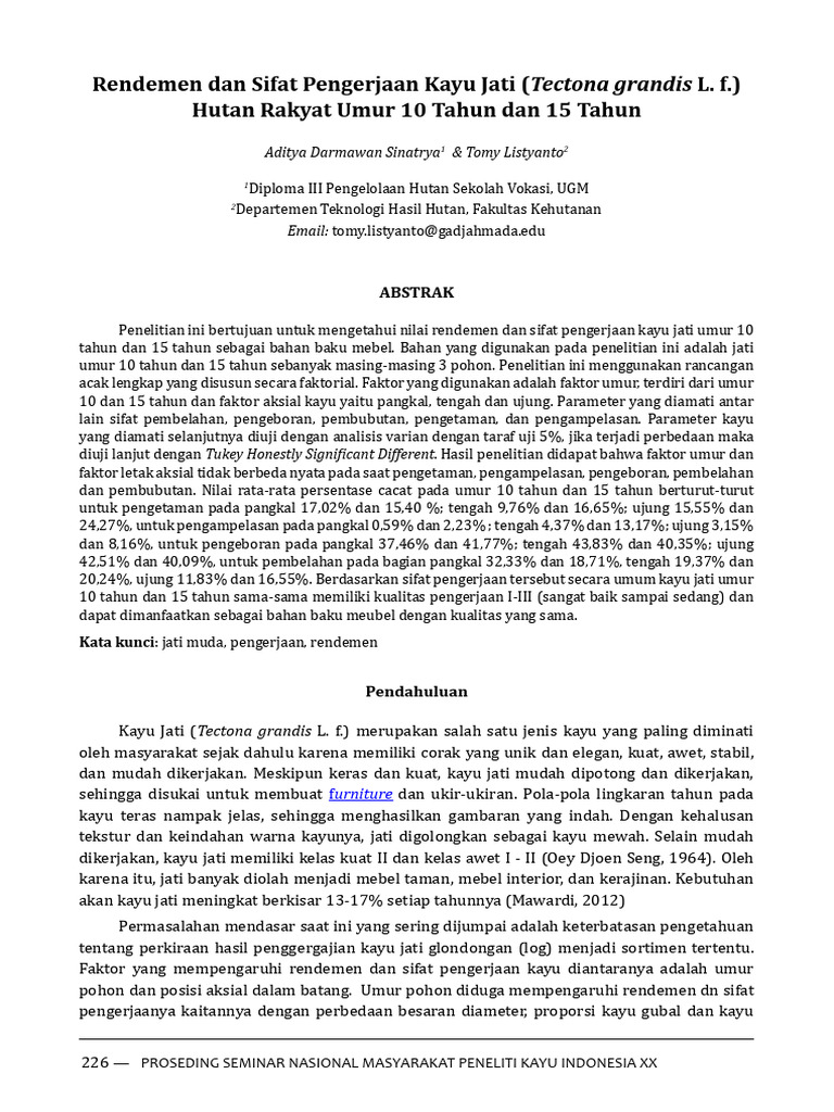Rendemen Dan Sifat Pengerjaan Kayu Jati Umur 10 Tahun Dan 15 Tahun ...