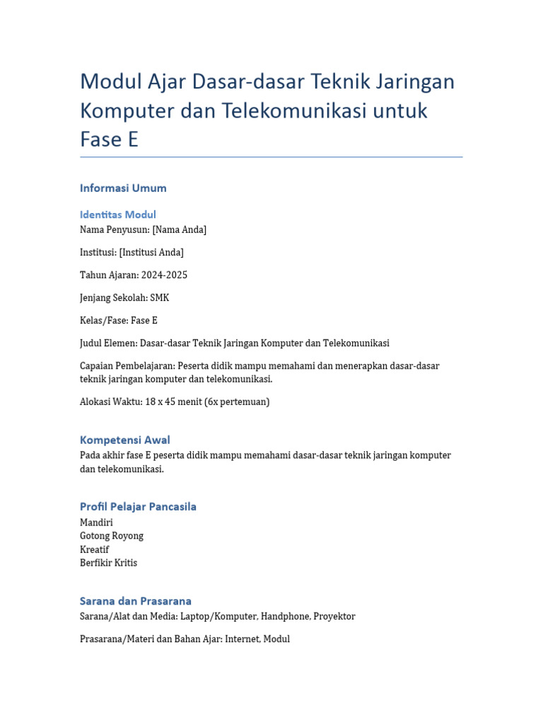 Modul Ajar Dasar Teknik Jaringan Komputer Dan Telekomunikasi Fase E | PDF | Karier & Perkembangan