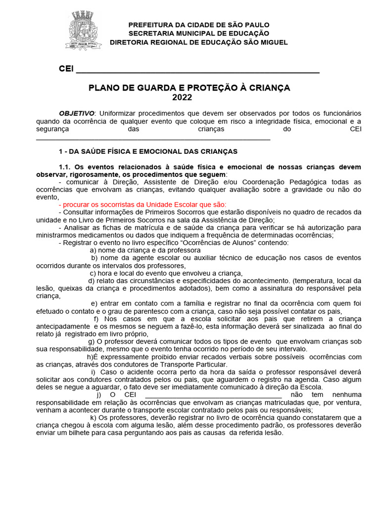 Modelo Plano de Guarda e Protecao Educacao Infantil | PDF | Família ...