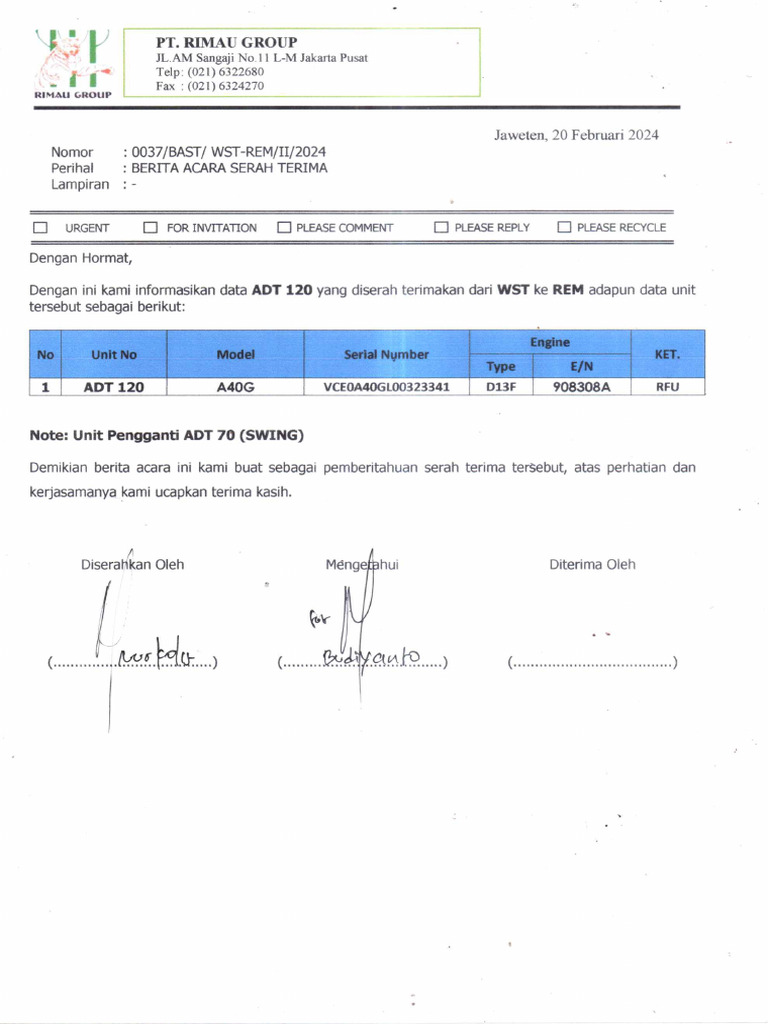 Serah Terima Adt-120 | PDF
