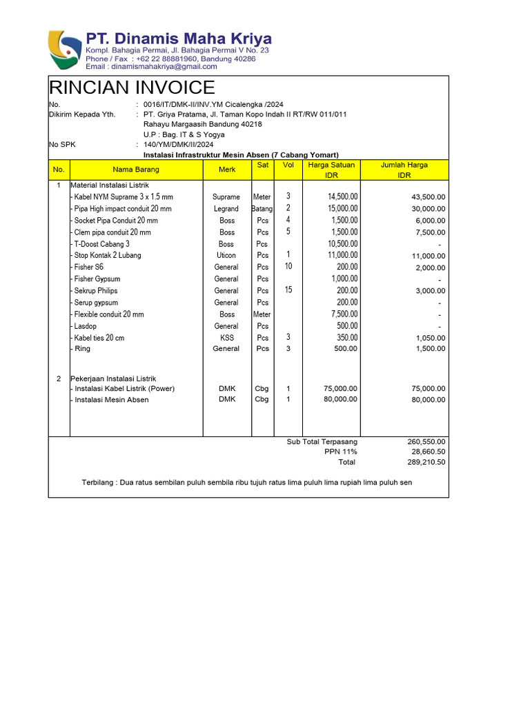 RINCIAN INVOICE Ym Cicalengka | PDF