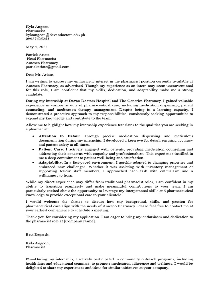 Kyla Angcon Application Letter | PDF | Pharmacist | Pharmacy