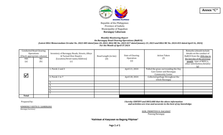 APRIL 2024 - Barangay BaRCO Monthly Monitoring Report | PDF