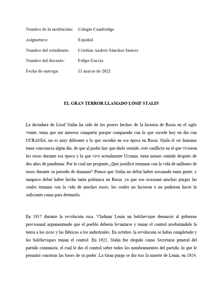 Ensayo Histã - Rico | PDF | Joseph Stalin | Vladimir Lenin