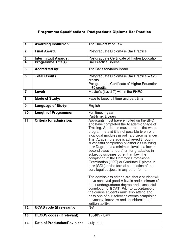 PDF Study Programme-Specification-Bpc | PDF | Postgraduate Education ...