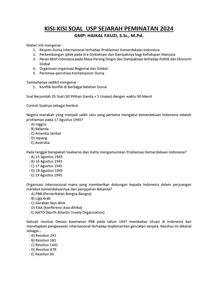 Kisi-Kisi Soal USP Sejarah Peminatan XII IPS 2024 | PDF