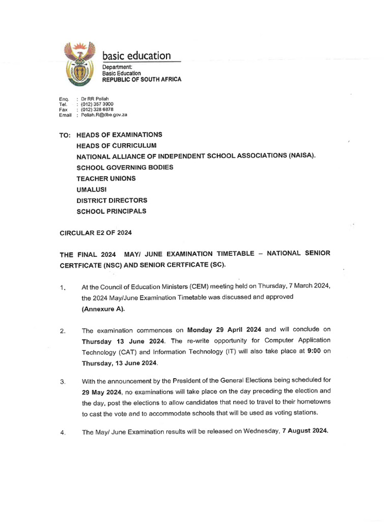 Circular E2 of 2024 The Final 2024 May June Examinaiton Timetable - National Sen | PDF