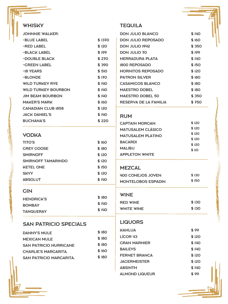 San Patricio Menu | Download Free PDF | Whisky | Barrel