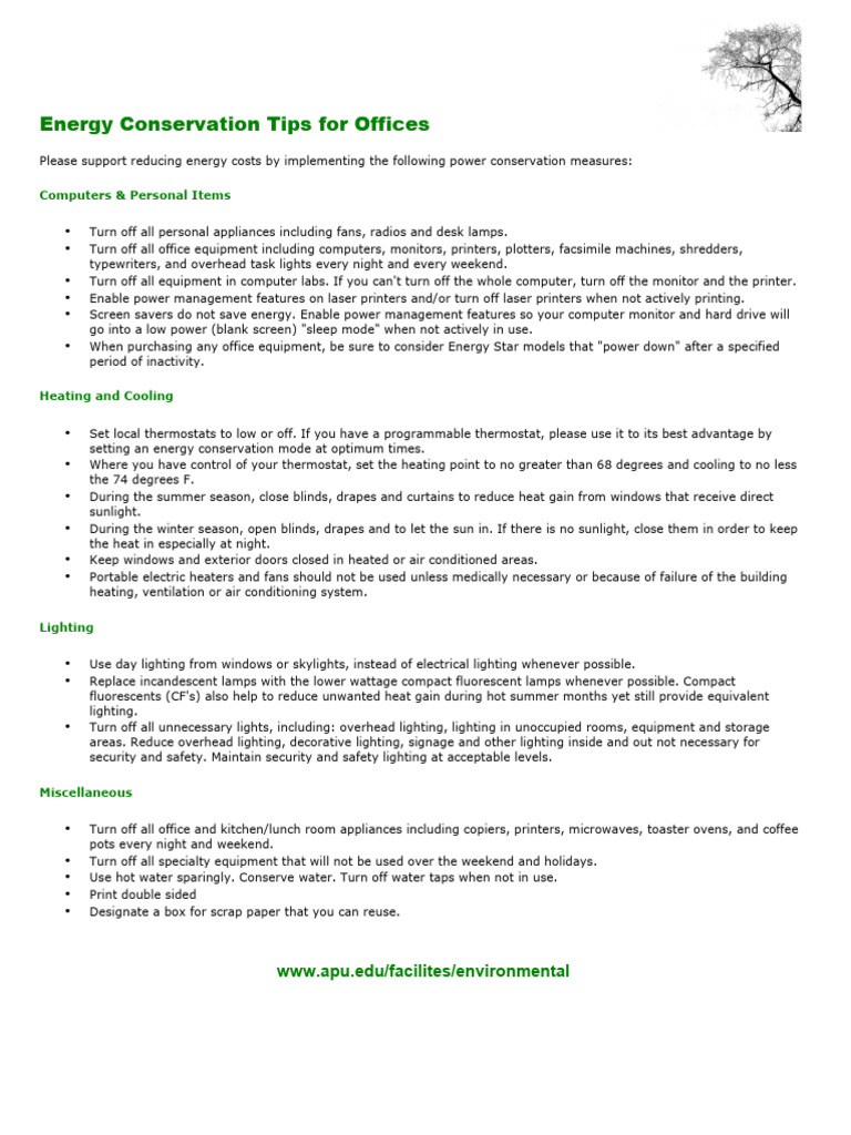 Energy Conservation Tips For Offices | PDF | Lighting | Thermostat