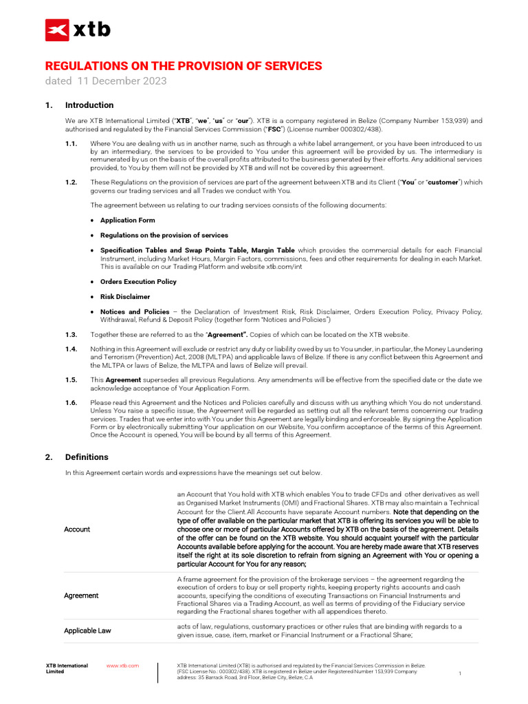 XTB Service Regulations 2023 | PDF | Contract For Difference | Derivative (Finance)