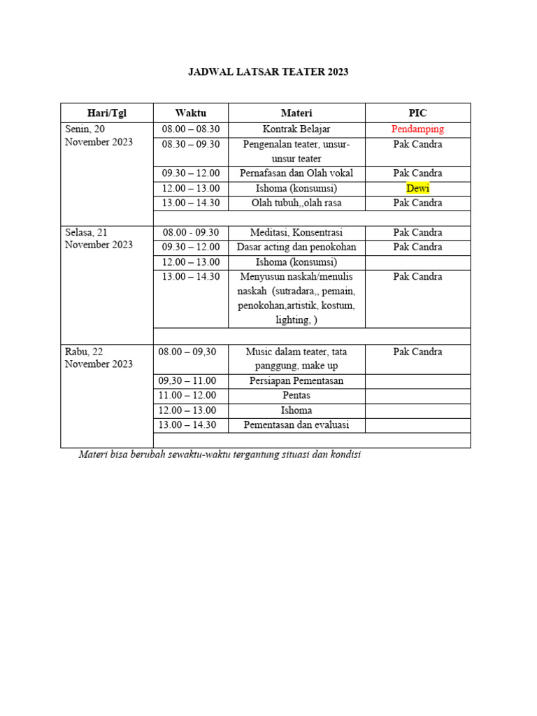 Jadwal Latsar Teater 2023 (Edit) | PDF