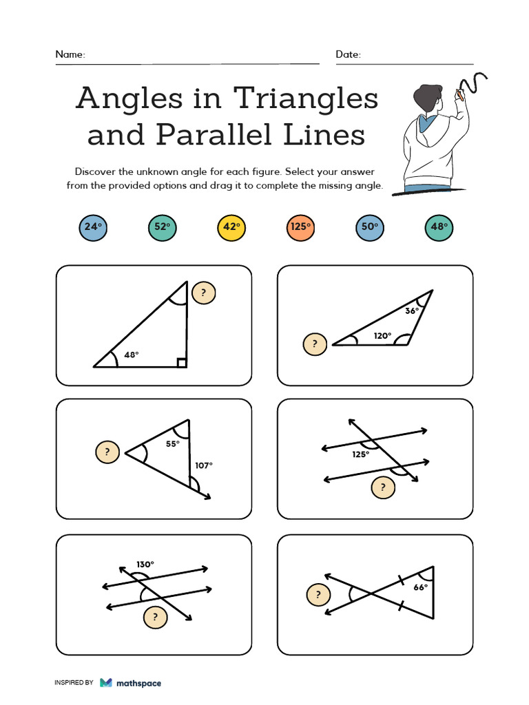Angles in Triangles and Parallel Lines Math Worksheet in White Green ...
