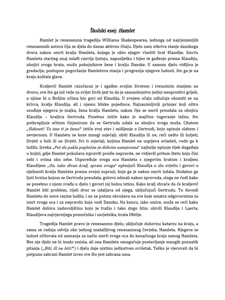 Školski Esej-Hamlet, Šimundić | PDF