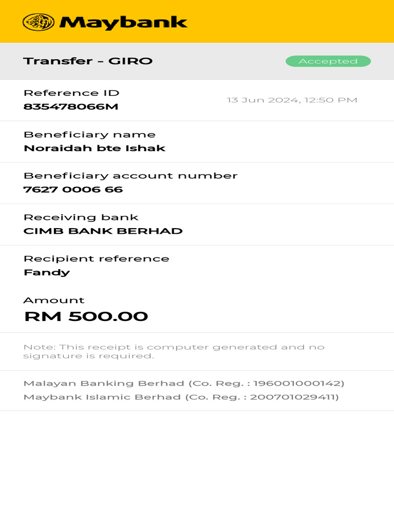 GIRO Transfer Receipt for Noraidah | PDF