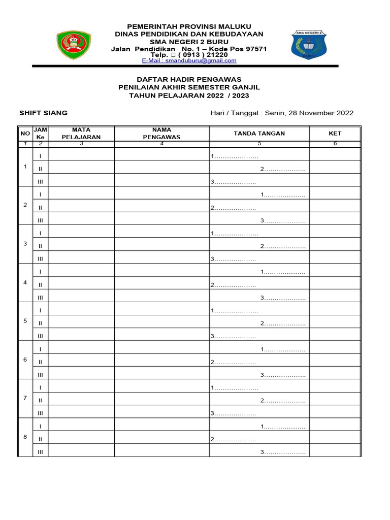 Daftar Hadir Pengawas 2024 | PDF