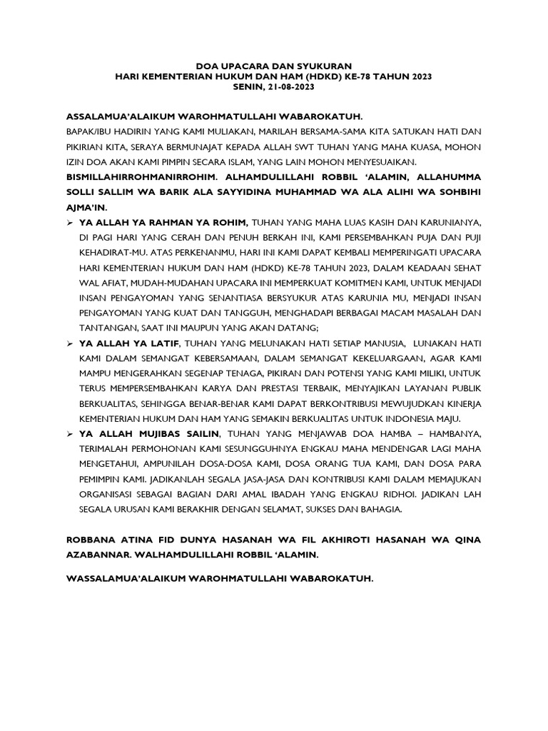 Doa Upacara Dan Syukuran Hari Kemenkumham (HDKD) Tahun 2023 | PDF ...
